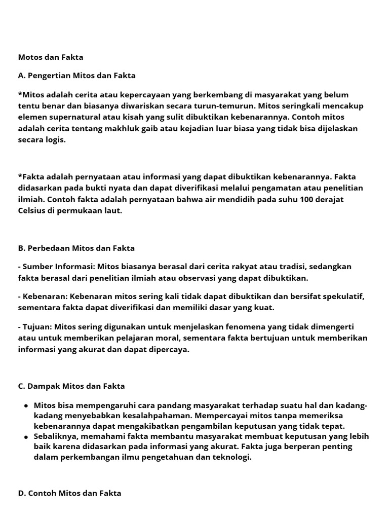 # Rangkuman Materi Bab 7 Bahasa Indonesia Kelas 6 Mitos Dan Fakta | PDF