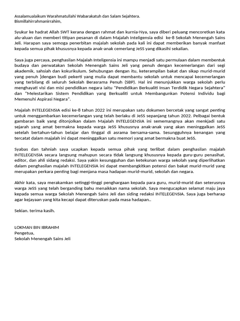 Kata Alu-Aluan Pengetua Majalah INTELEGENSIA tahun 2022 | PDF