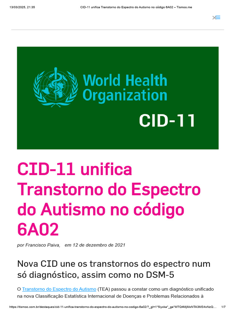 CID-11 Unifica Transtorno Do Espectro Do Autismo No Código 6A02 ...