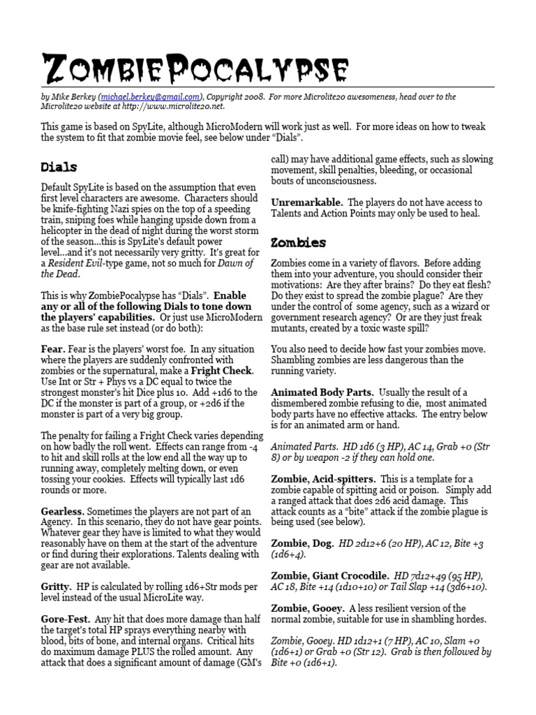 Microlite20 Zombiepocalypse | PDF | Zombies