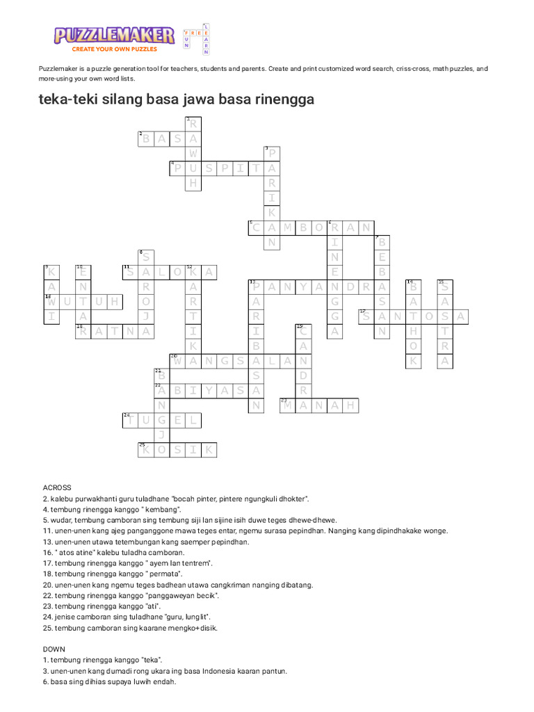 Criss Cross Puzzle - Discovery Education Puzzlemaker | PDF