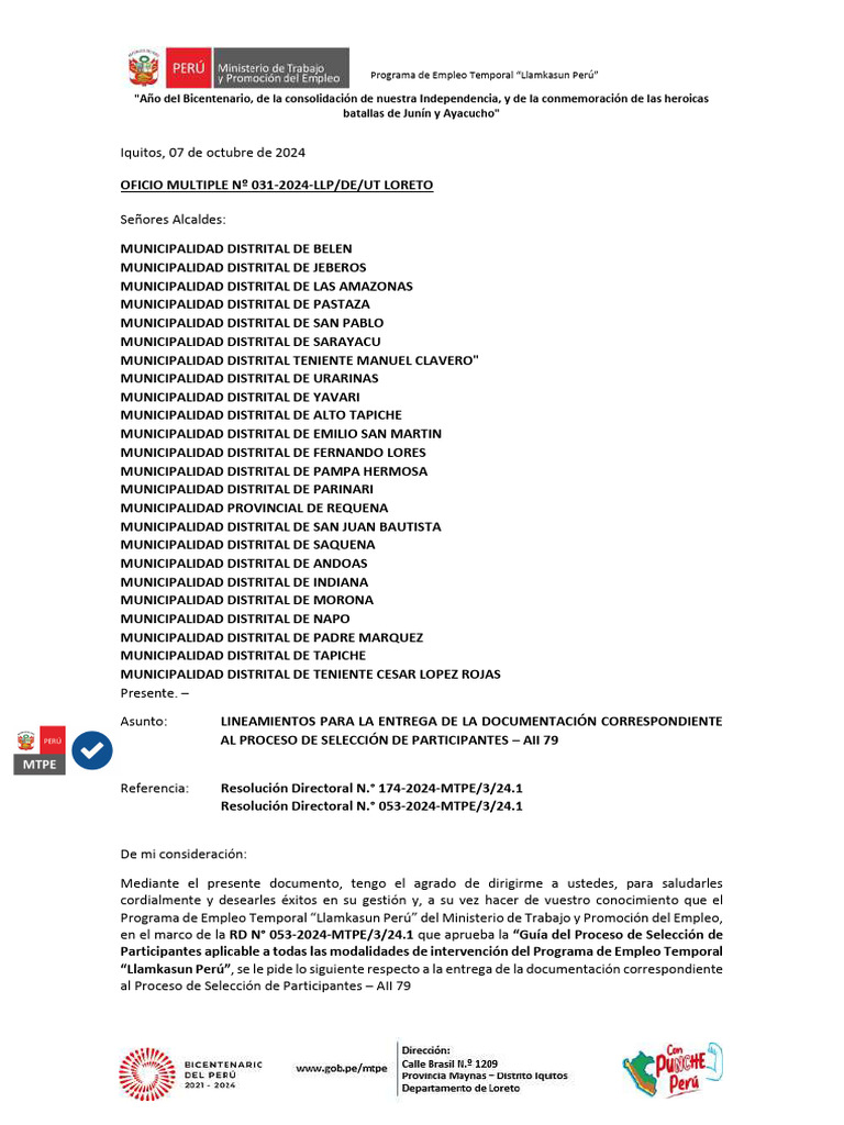 Oficio Multiple #031-2024-Llp-De-Ut Loreto - Sobre El Informe Del PSP - Aii 79 RD 174 (F) (F) | PDF