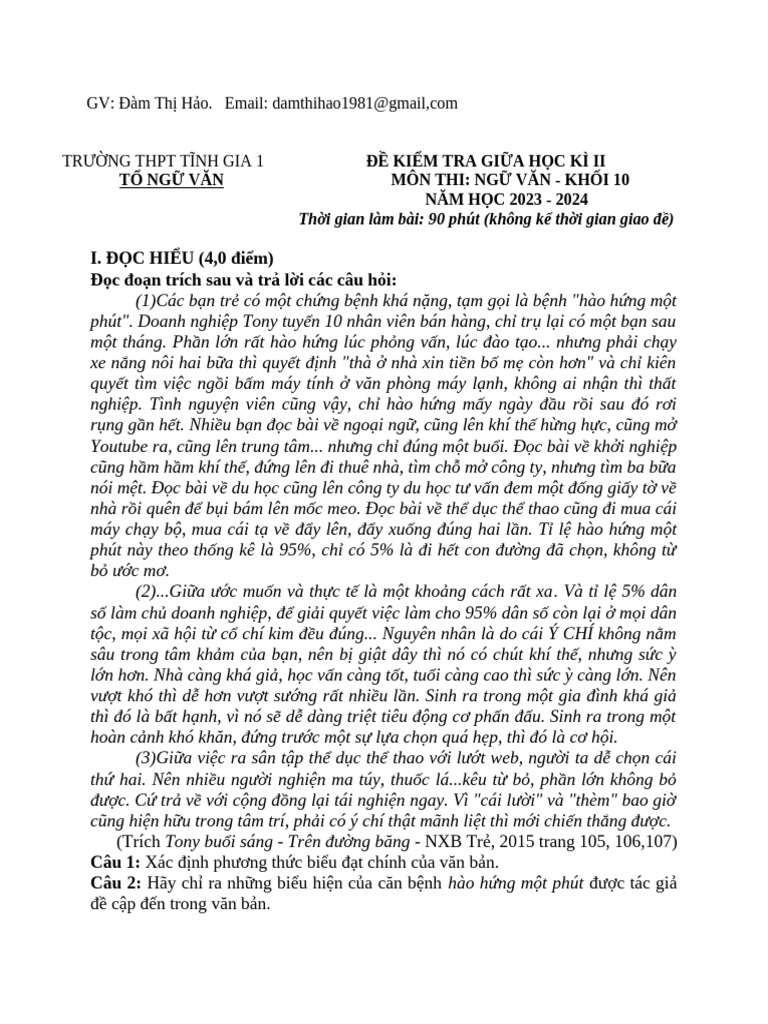 K10. Đọc Hiểu VB Nghị Luân - Thuật Hứng 24 - Hao Damthi | PDF