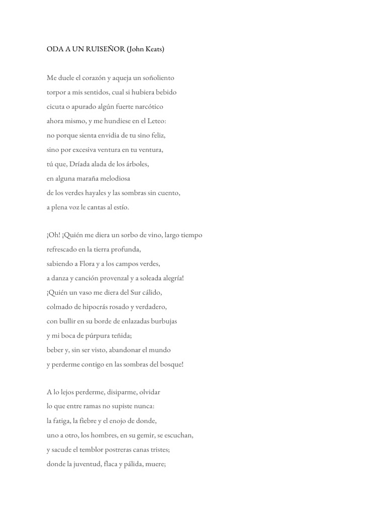 ODA A UN RUISEÑOR (John Keats) - Glosa (Raimondi) | PDF