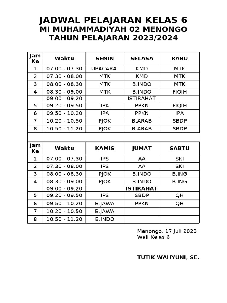 Jadwal Pelajaran Kelas 6 | PDF