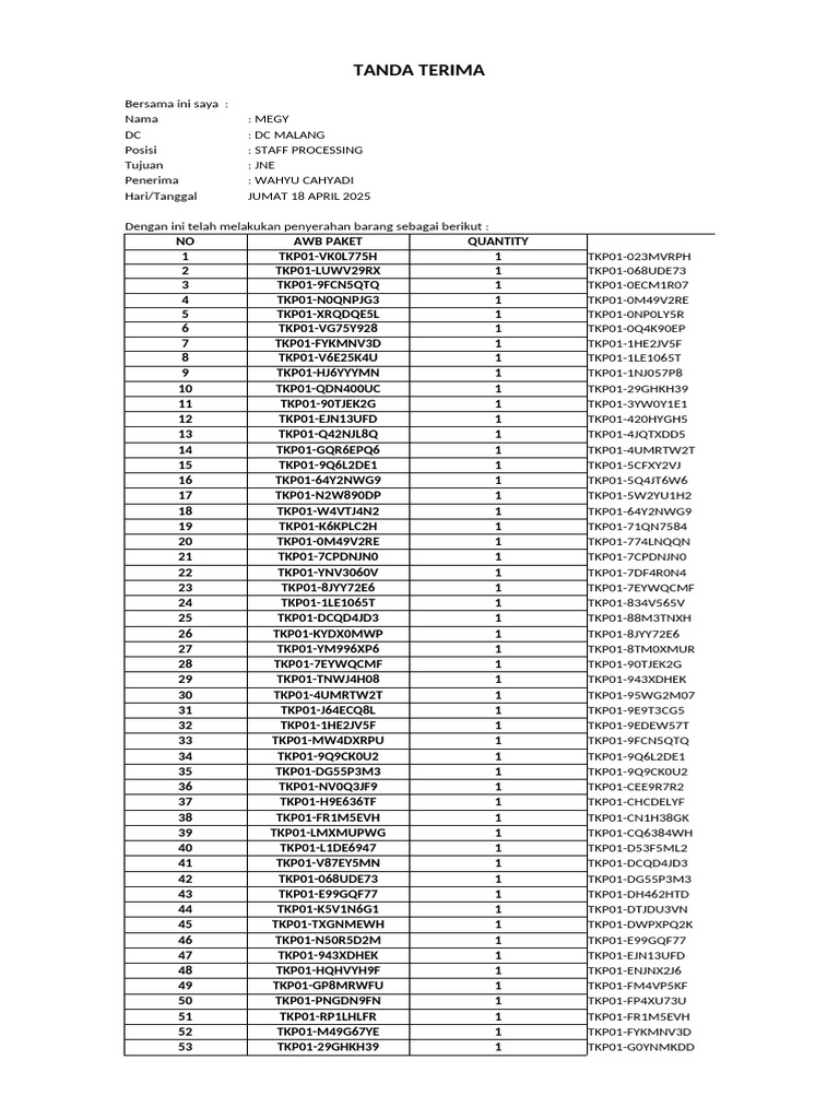 Tanda Terima Paket Tokped 18042025 | PDF