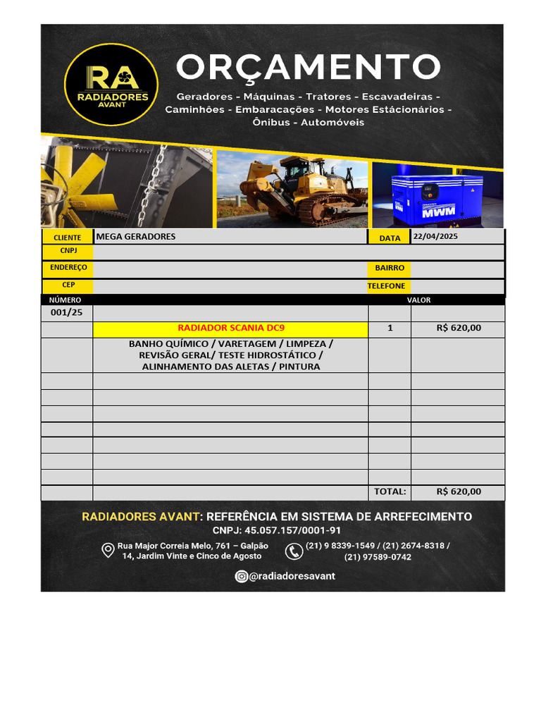 ORÇAMENTO - MEGA GERADORES - RADIADOR SCANIA DC9 (MANUTENÇÃO) ORÇ 001 ...