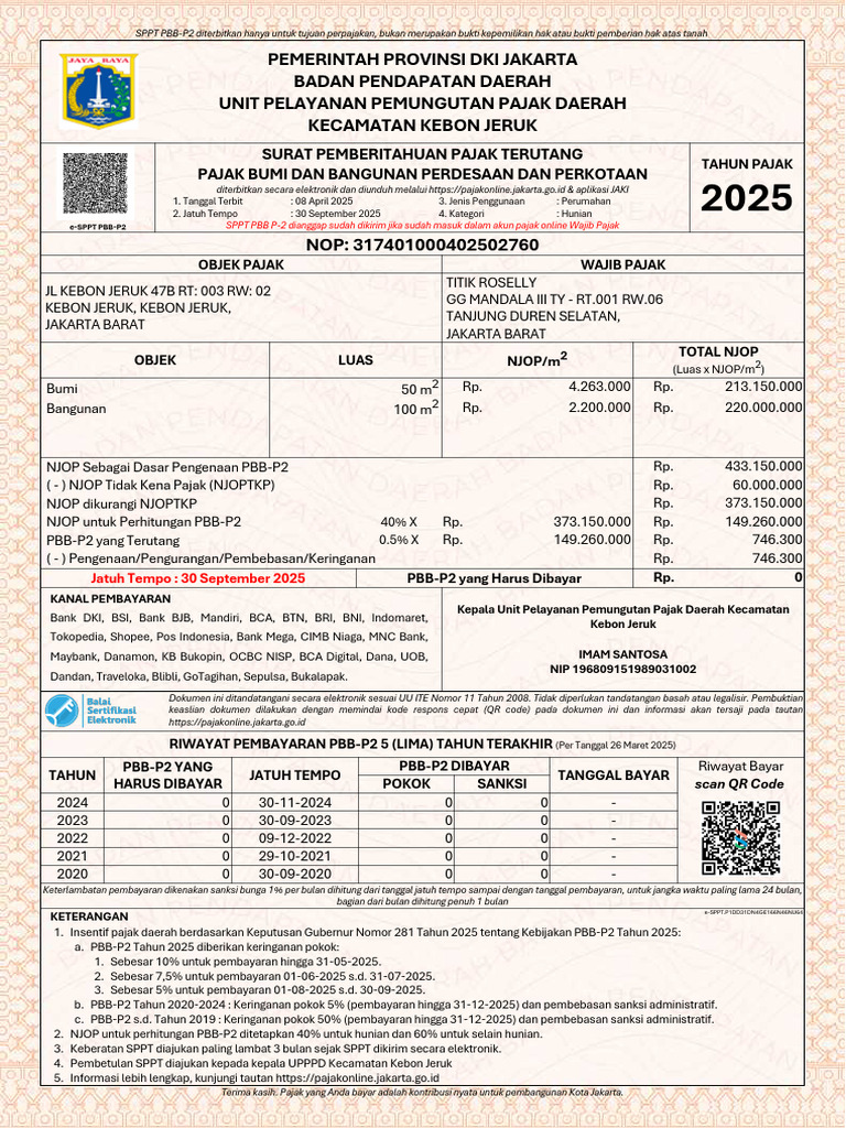 SPPT PBB-P2 DKI Jakarta 2025 | PDF