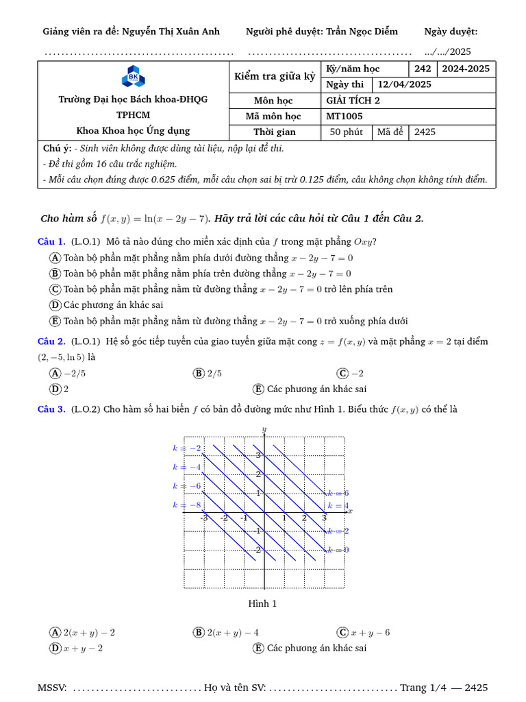 Mã đề 2425 GT2 GK HK242 HCMUT | PDF