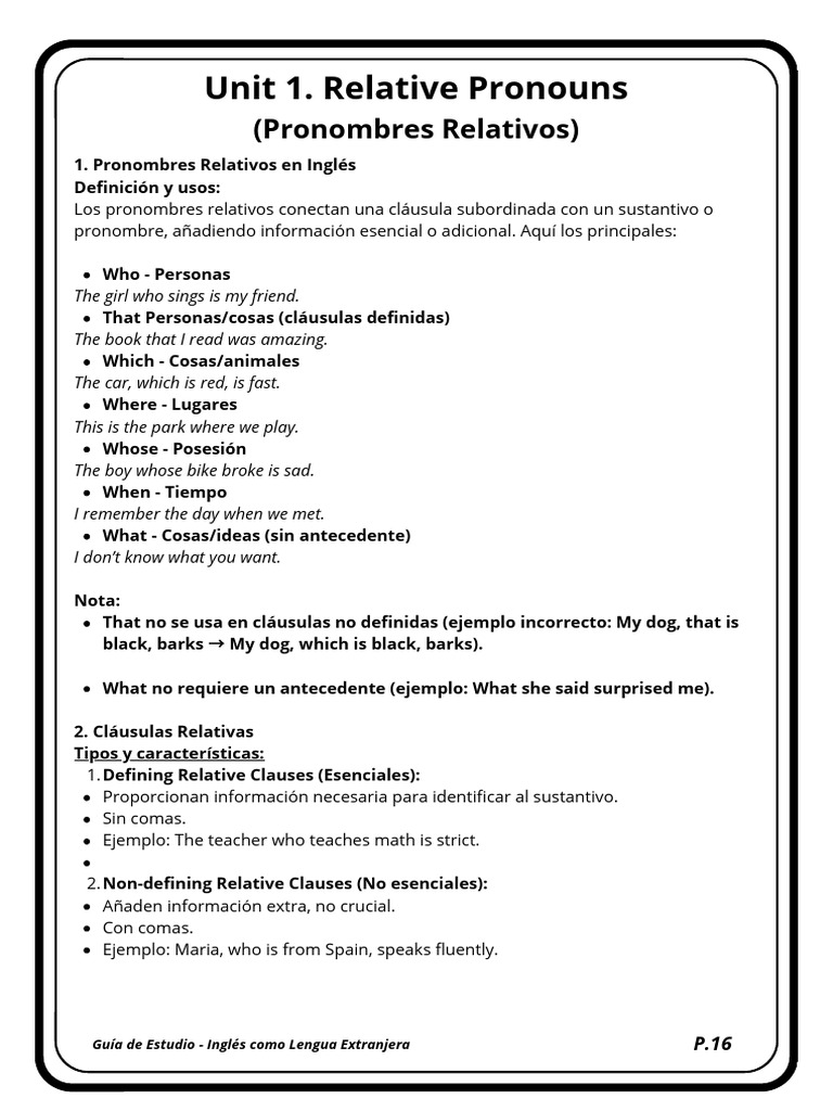Guia de Estudio - Relative PRonouns | PDF | Morfología Lingüística ...