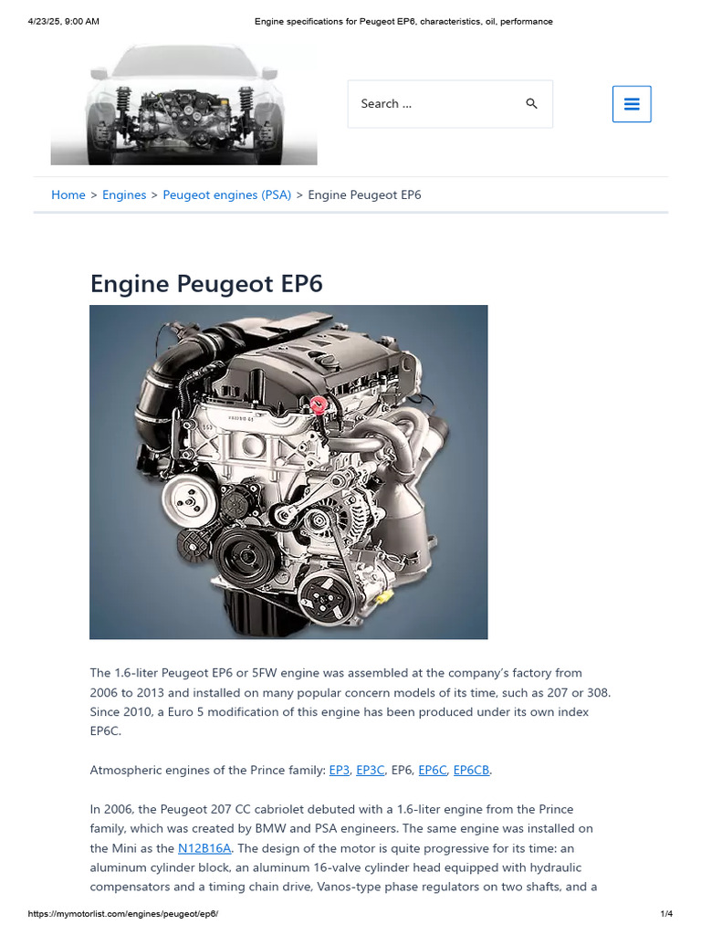 Engine Specifications For Peugeot EP6, Characteristics, Oil ...