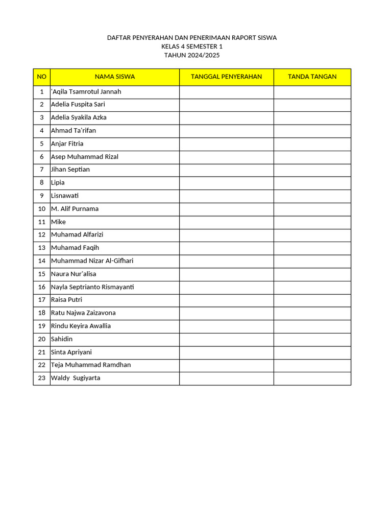 Daftar Penerimaan Raport | PDF