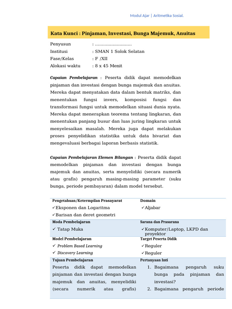 Modul Ajar MTK Fase F Kelas X Aritmatika Sosial | PDF