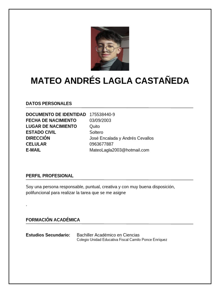 Hoja de Vida Mateo Lagla | PDF
