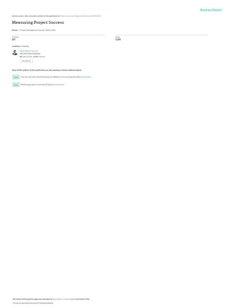 Measuring Project Success 1992 PMJ Freeman Beale | PDF