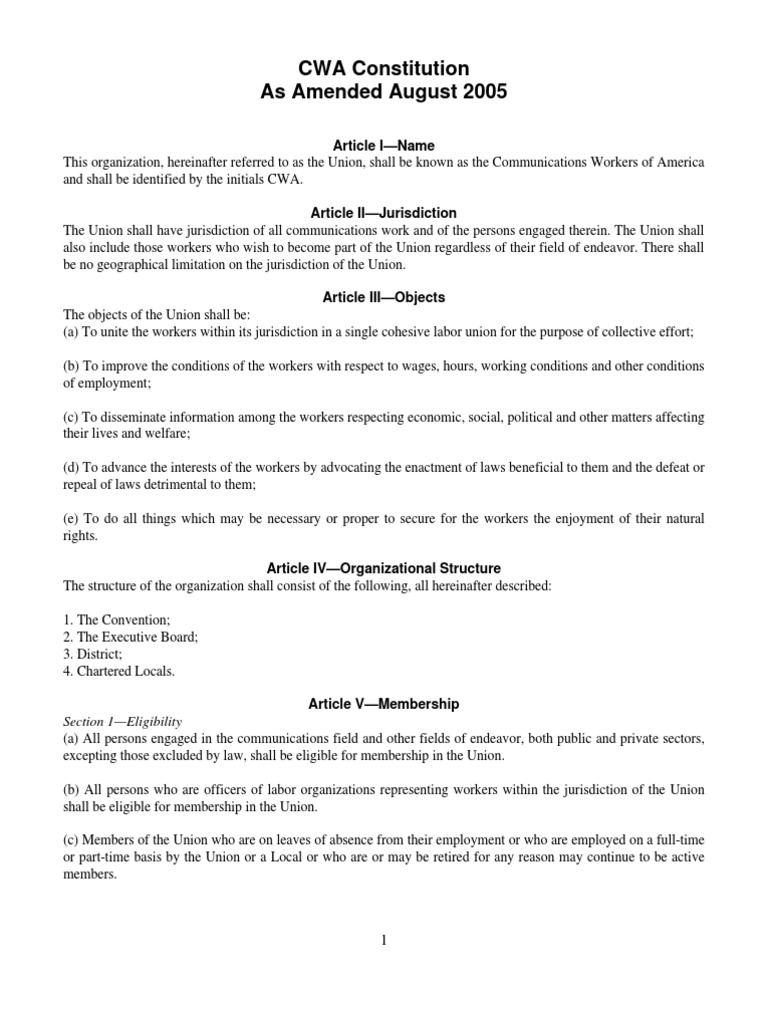 CWA Constitution As Amended August 2005: Article I-Name | PDF | Board ...