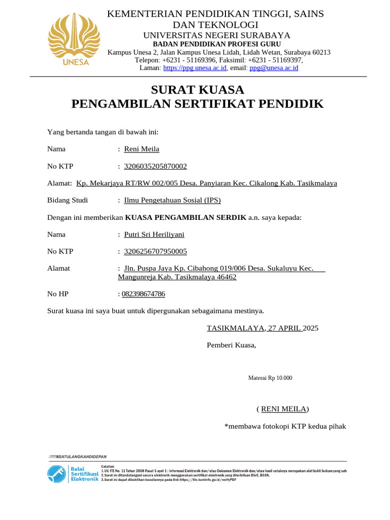 Surat Kuasa Pengambilan Serdik GT 3 | PDF