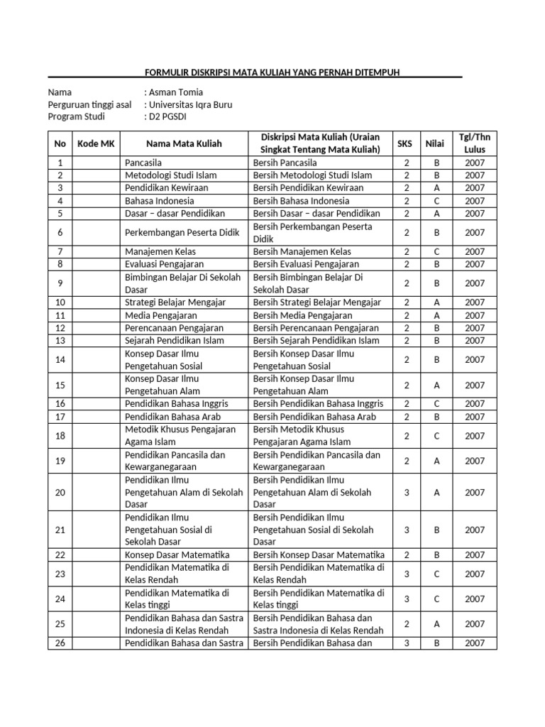 Formulir Diskripsi Mata Kuliah Yang Pernah Ditempuh | PDF