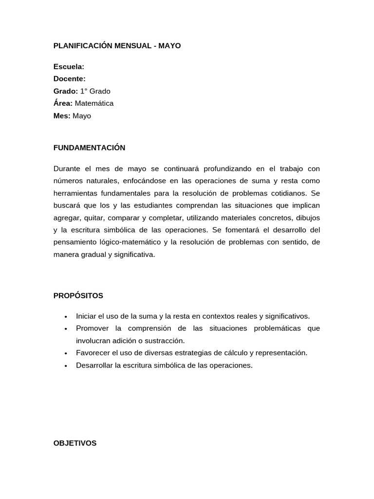 Planificación Mensualmayo | PDF | Sustracción | Aprendizaje