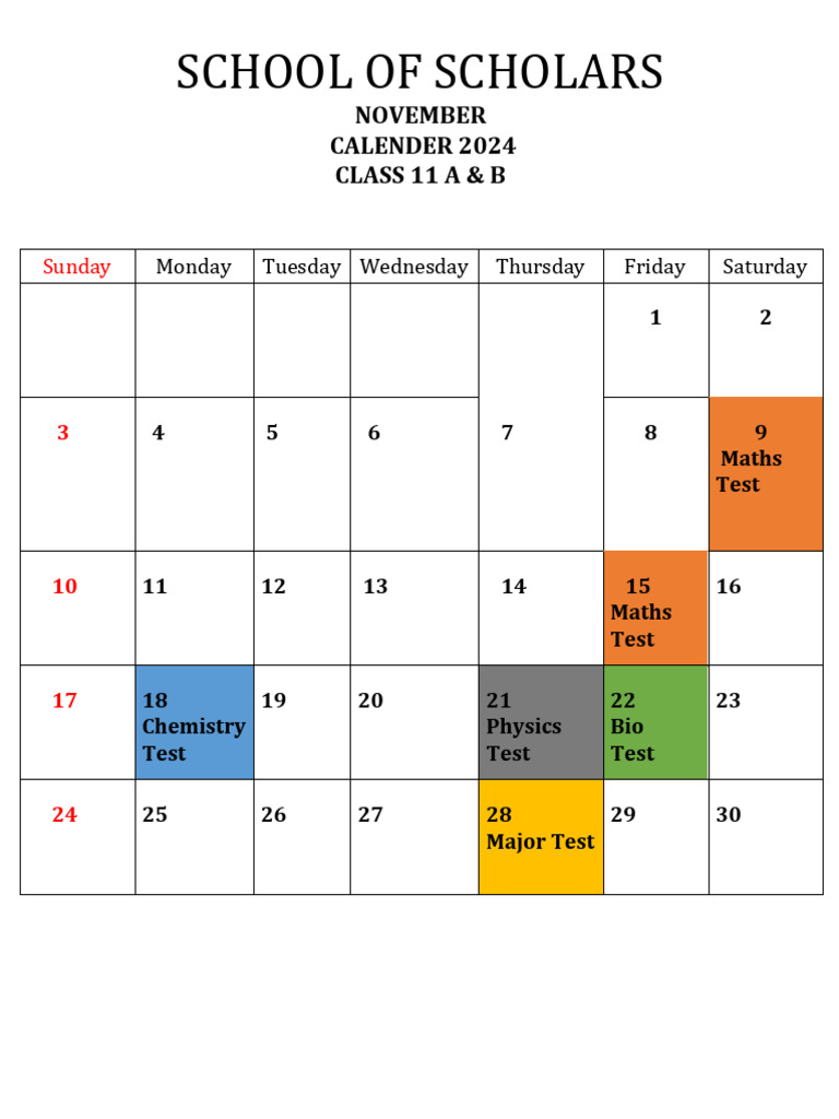 Class 11 A & B Nov Calender | PDF