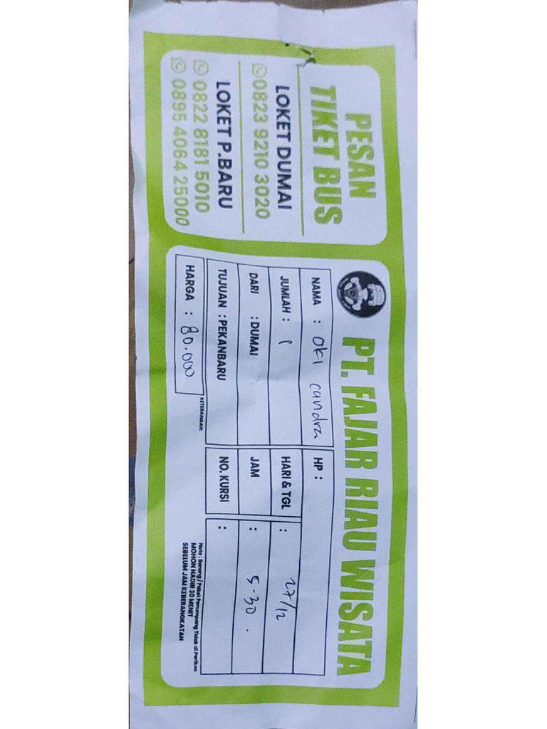 Tiket Bus Dmi - Pku | PDF
