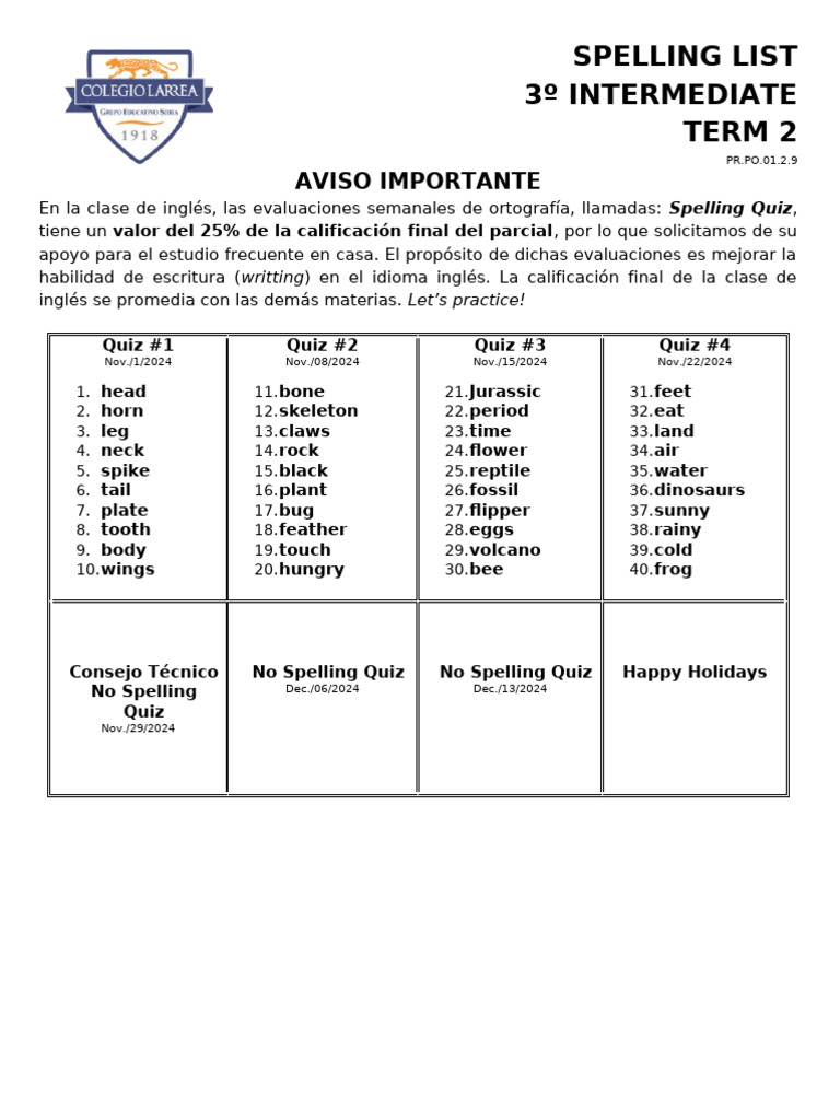 Spelling List 3Â° INTERMEDIATE Term 2 | PDF
