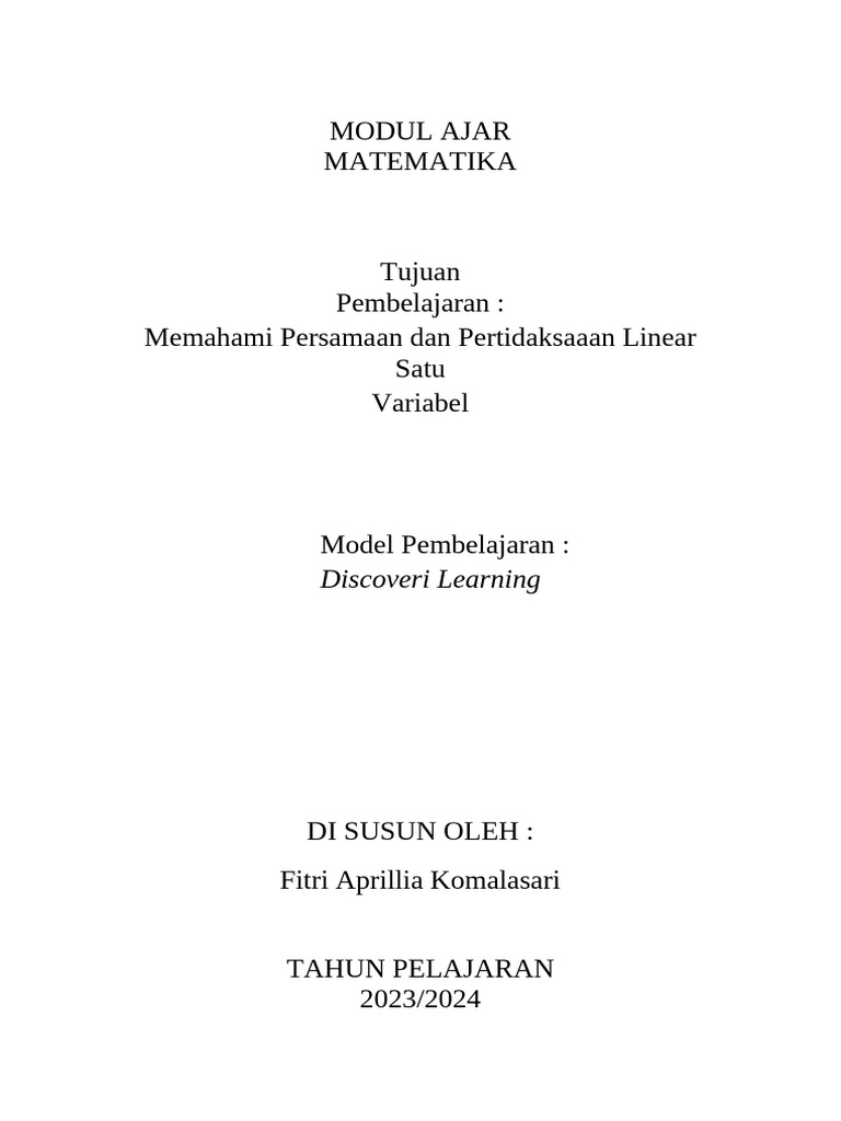 Modul Ajar Persamaan Linear Satu Variabel | PDF