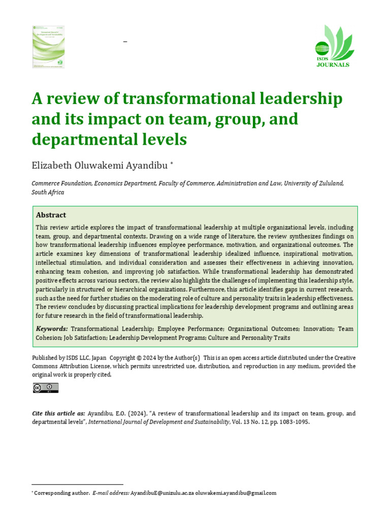 A Review of Transformational Leadership, Ayandibu | PDF | Transformational Leadership | Leadership