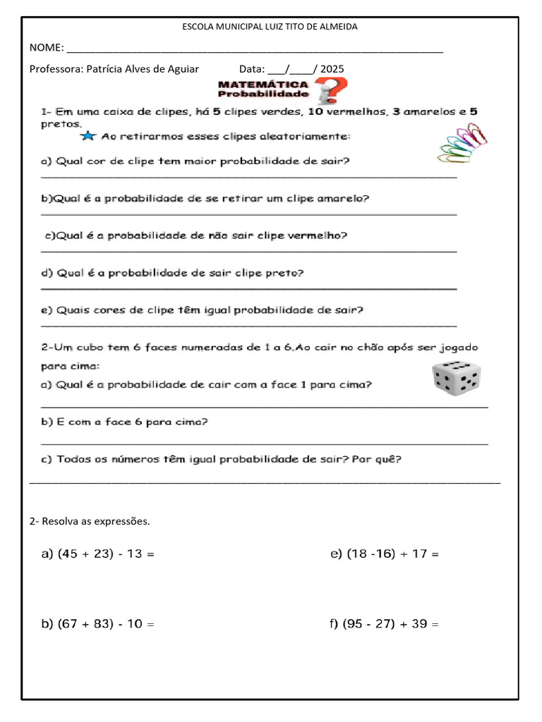 Atividade Probabilidade 5 Ano | PDF