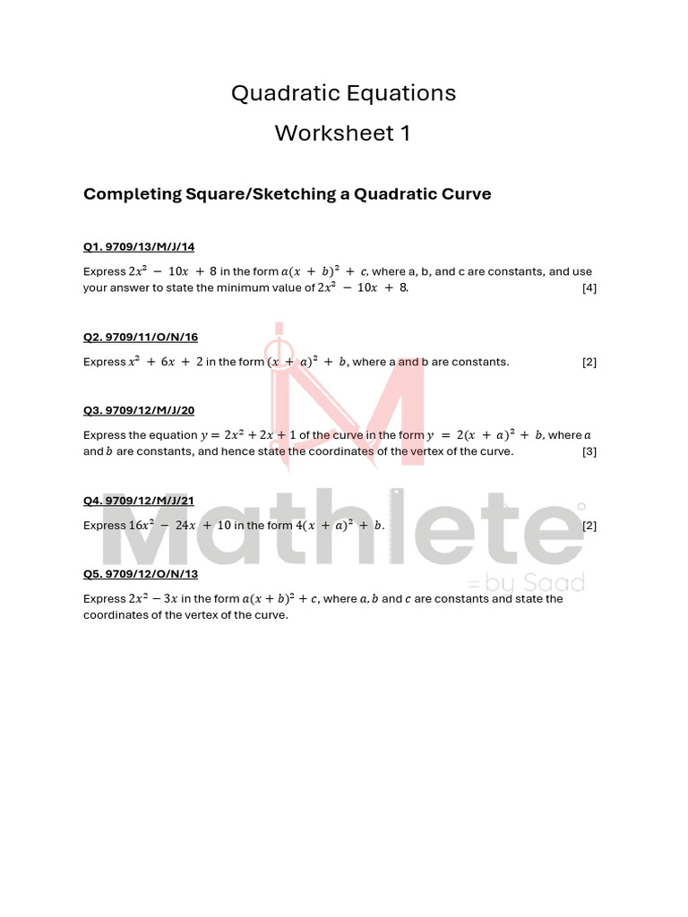 Quadratic Equations Worksheet Guide | PDF