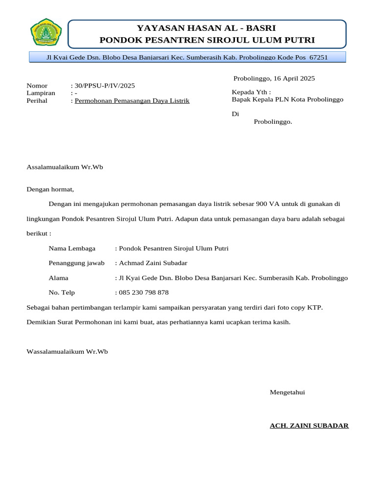 Permohonan pemasangan meteran listrik PPSU-P | PDF