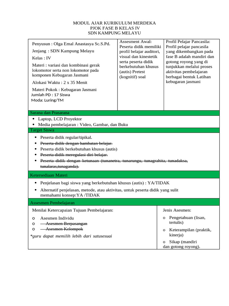 Modul Ajar Pjok Kelas IV Kebugaran Jasmani (Olga) (1) | PDF