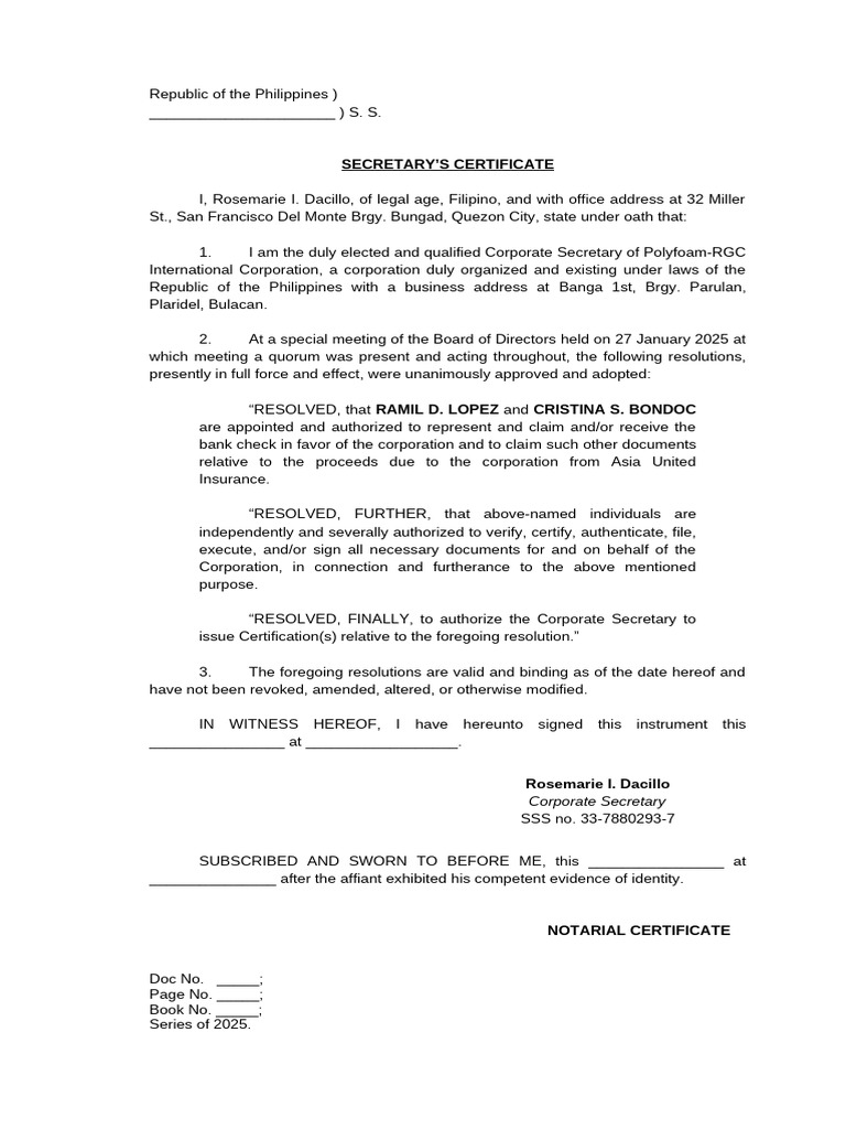 Secretary Certificate template | PDF