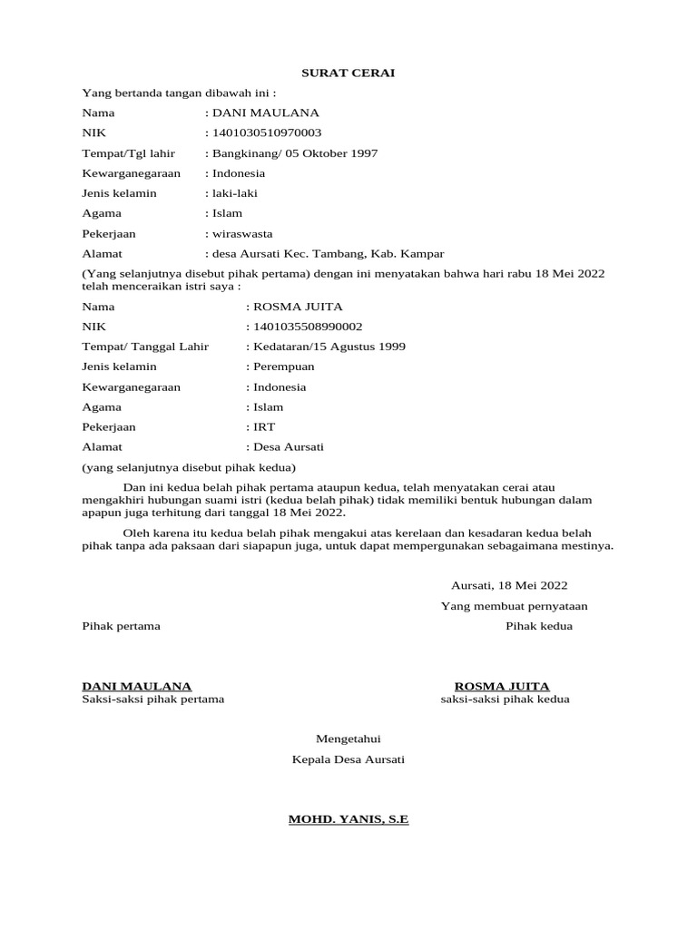 Surat Cerai Dani Maulana dan Rosma Juita | PDF