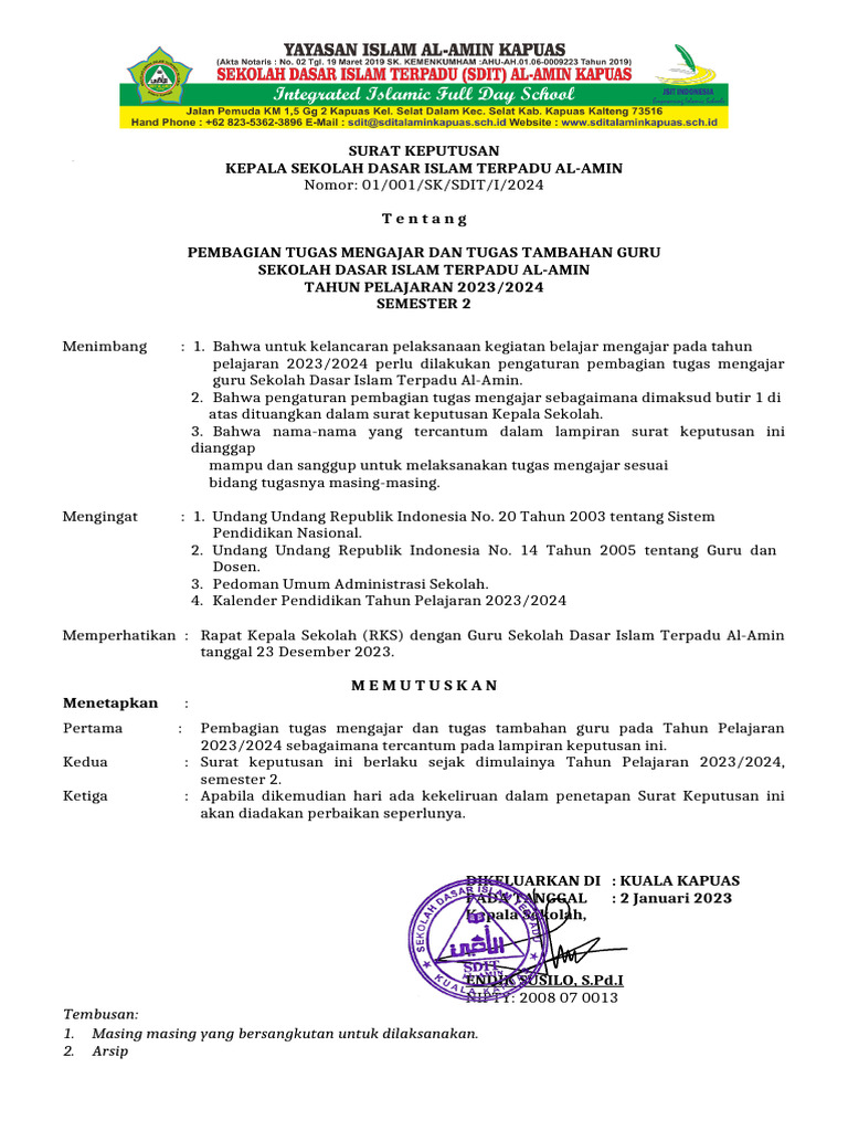 001. SK Pembagian Jam Mengajar Sem 2 2023 2024 | PDF