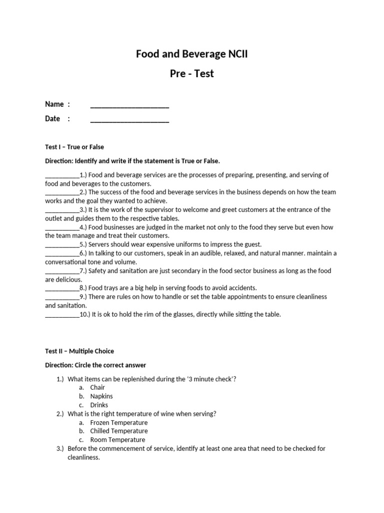 Pre-Test Food and Beverage NCII | PDF | Tableware | Domestic Implements