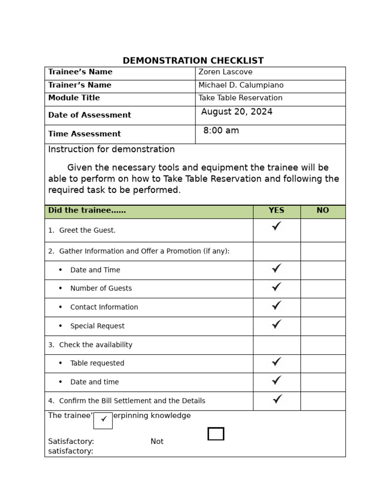 Table Reservation Training Checklist | PDF