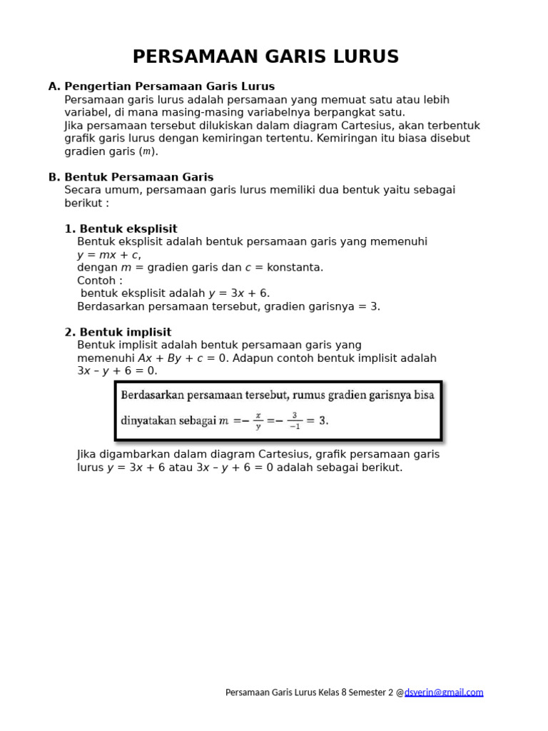 Materi Persamaan Garis Lurus Kelas 8 Smt. 2 | PDF