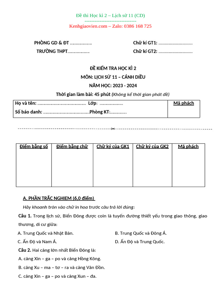 De Thi hk2 de So 6 Lich Su 11 CD | PDF