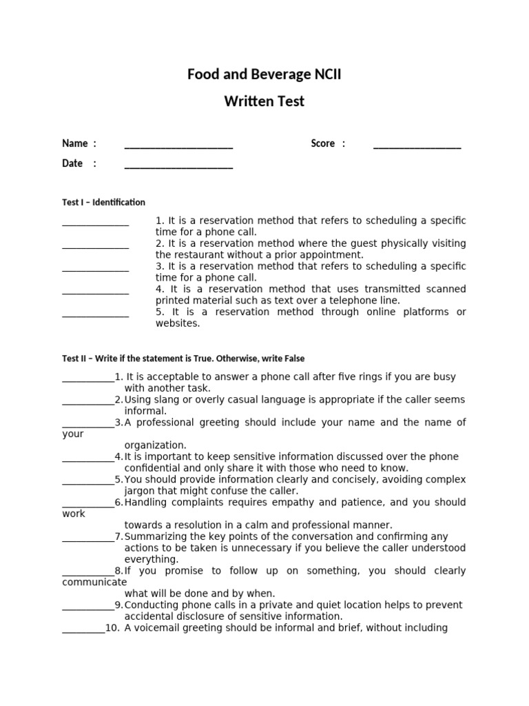 Written Test Food and Beverage NCII | PDF | Human Communication ...