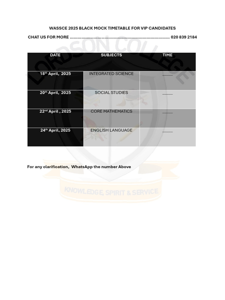 Wassce 2025 Black Mock Timetable | PDF