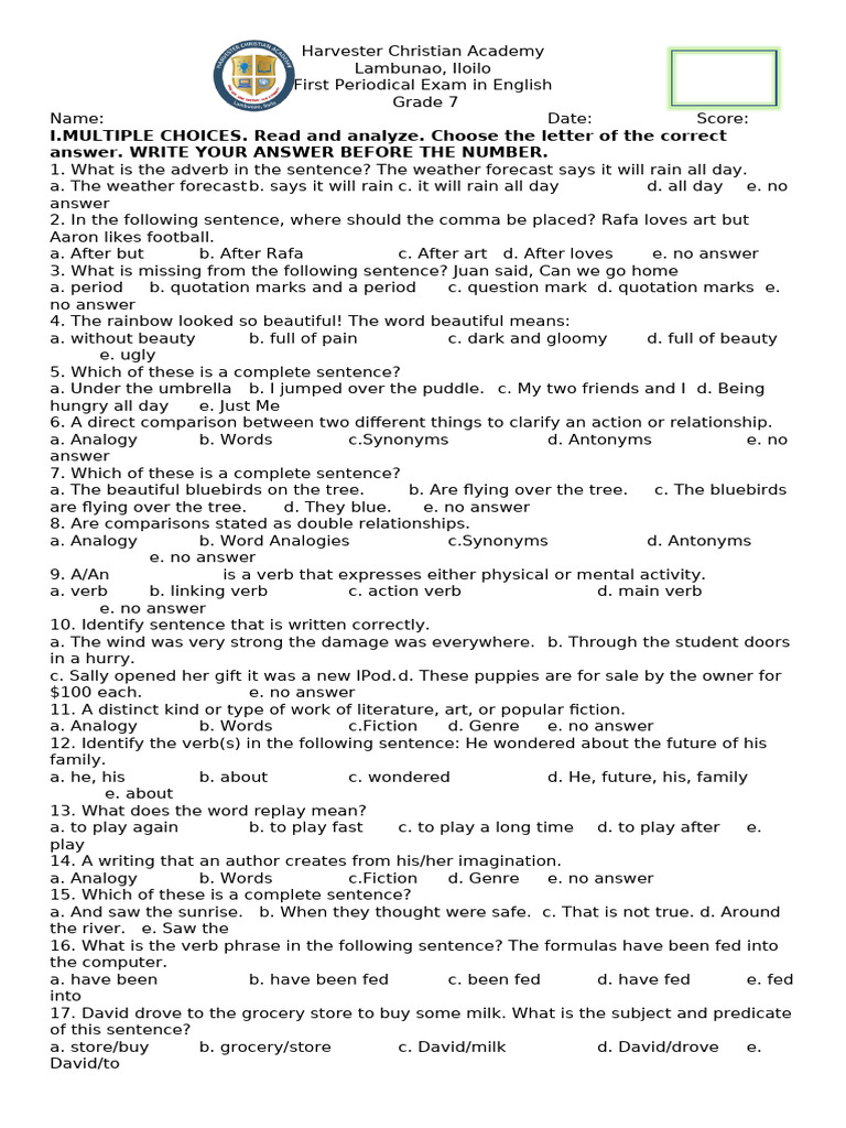 ENGLISH 7 1st Grading EXAM | PDF | Verb | Narrative