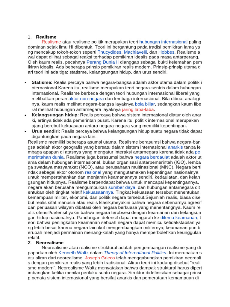 Teori Hubungan Internasional: Realisme dan Liberalisme | PDF