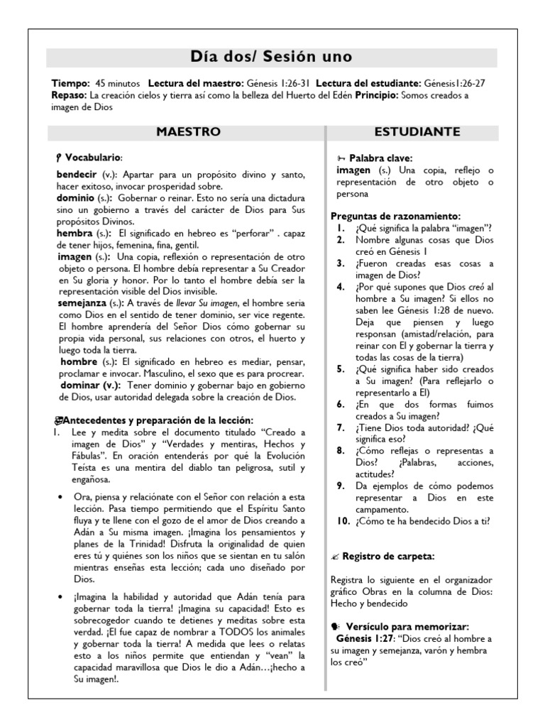 2017 Plan de Lección Dia 2 - Sesión 1 | PDF | Libro del Génesis | Narrativa de la creación del ...