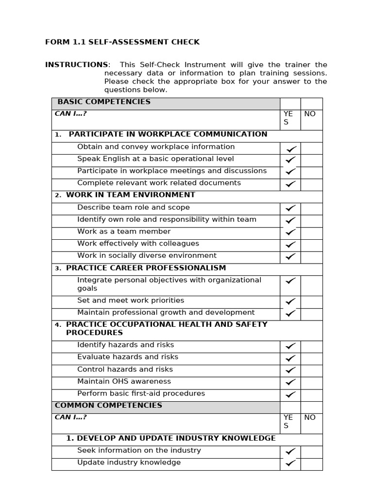 Unit 1 Plan Training Session - FORM 1.1 Self Assessment Check | PDF | Foodservice | Restaurants