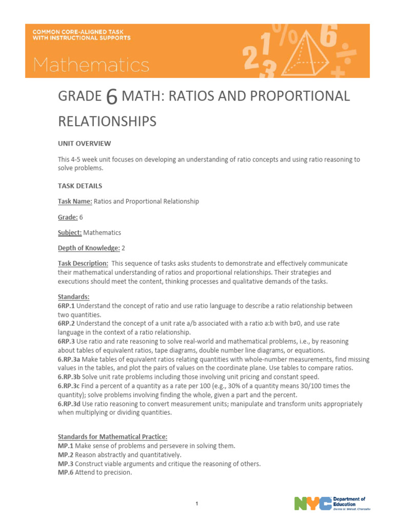 NYC Doe g6 Math Ratios | PDF | Ratio | Mathematics