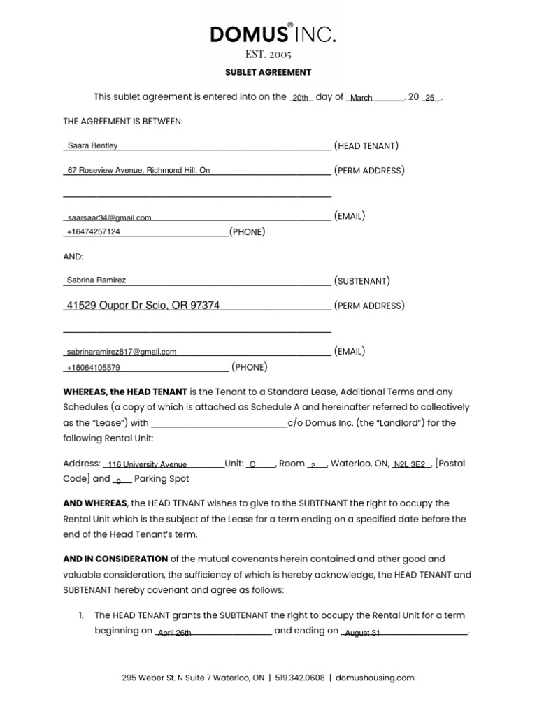Domus Inc Sublet Agreement Signed | PDF | Lease | Leasehold Estate