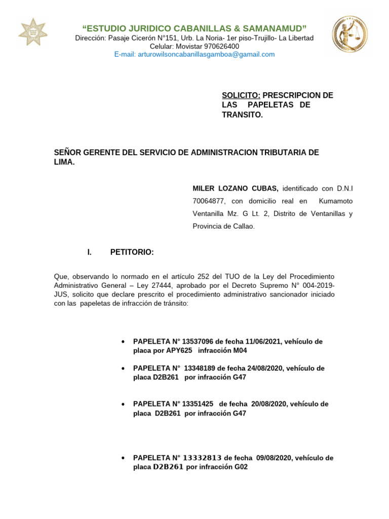 Prescripcion de Las Papeletas de Infraccion Sat - Miler | PDF | Estatuto de limitaciones | Gobierno