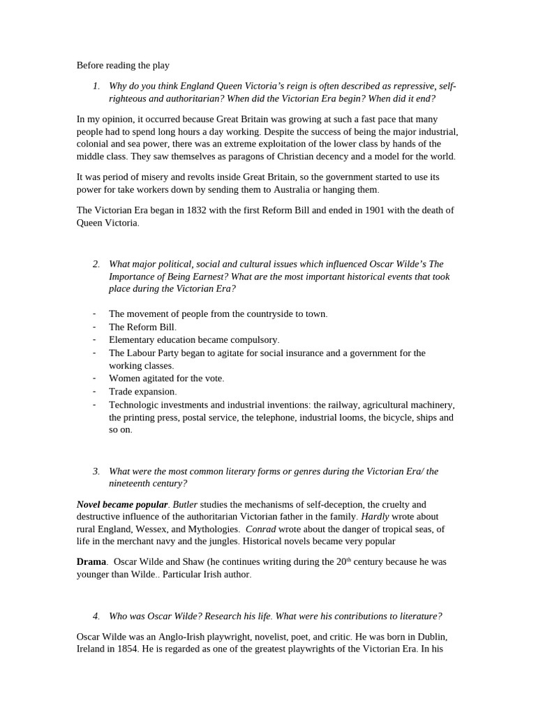 Victorian Era-The Importance of Being Earnest | PDF | Oscar Wilde | Comedy