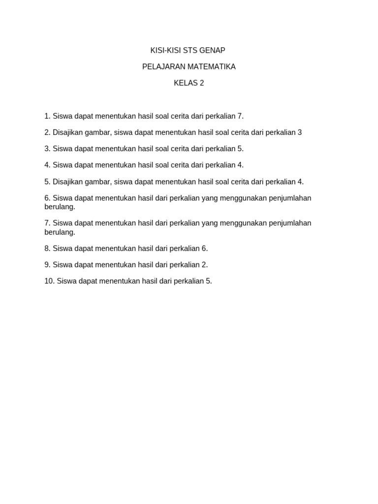 Kisi-Kisi Sts Genap Matematika Kls 2 Ta. 20242025 | PDF